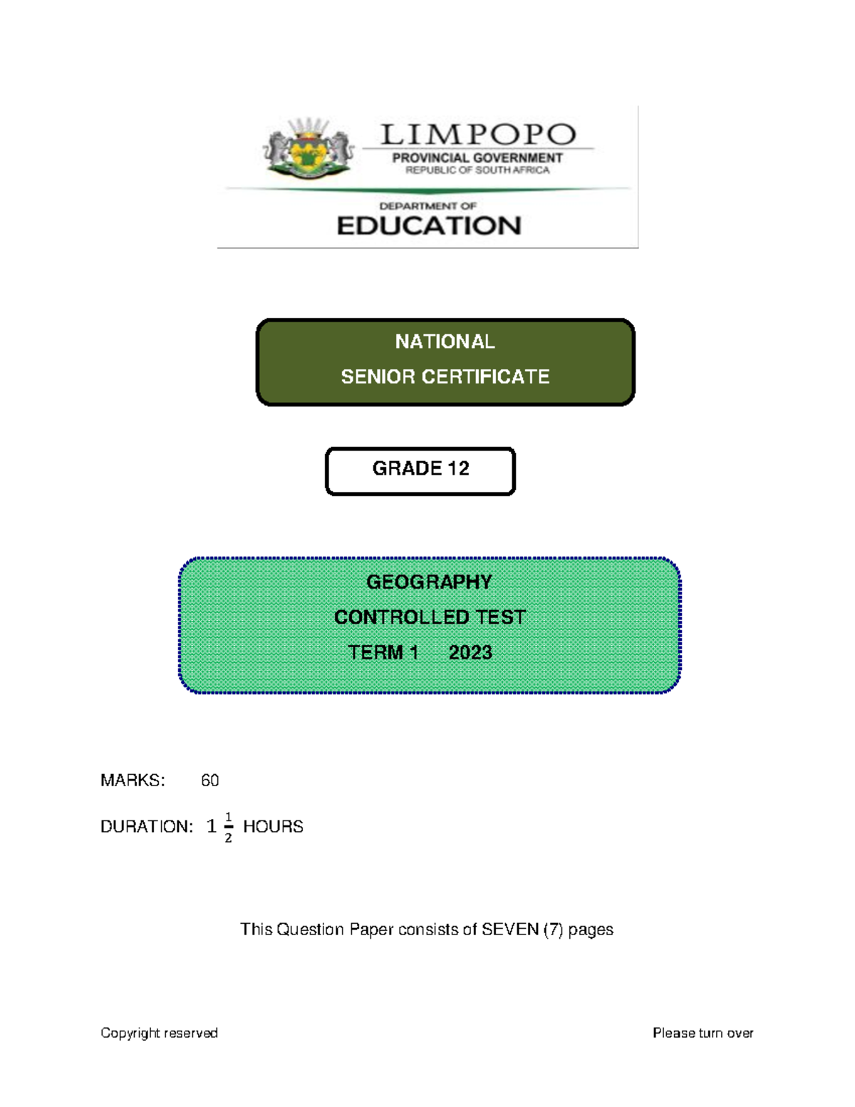 Geography Gr 12 Controlled Test March 2023 Updated Version - MARKS: 60 ...