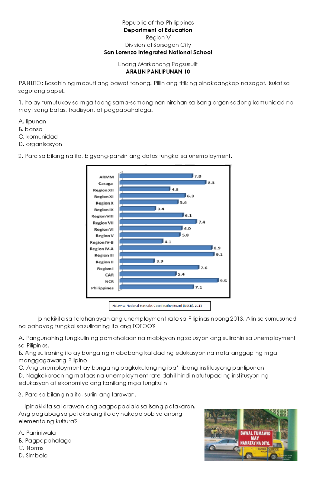 Unang Markahang Pagsusulit (AP10) - Republic of the Philippines ...