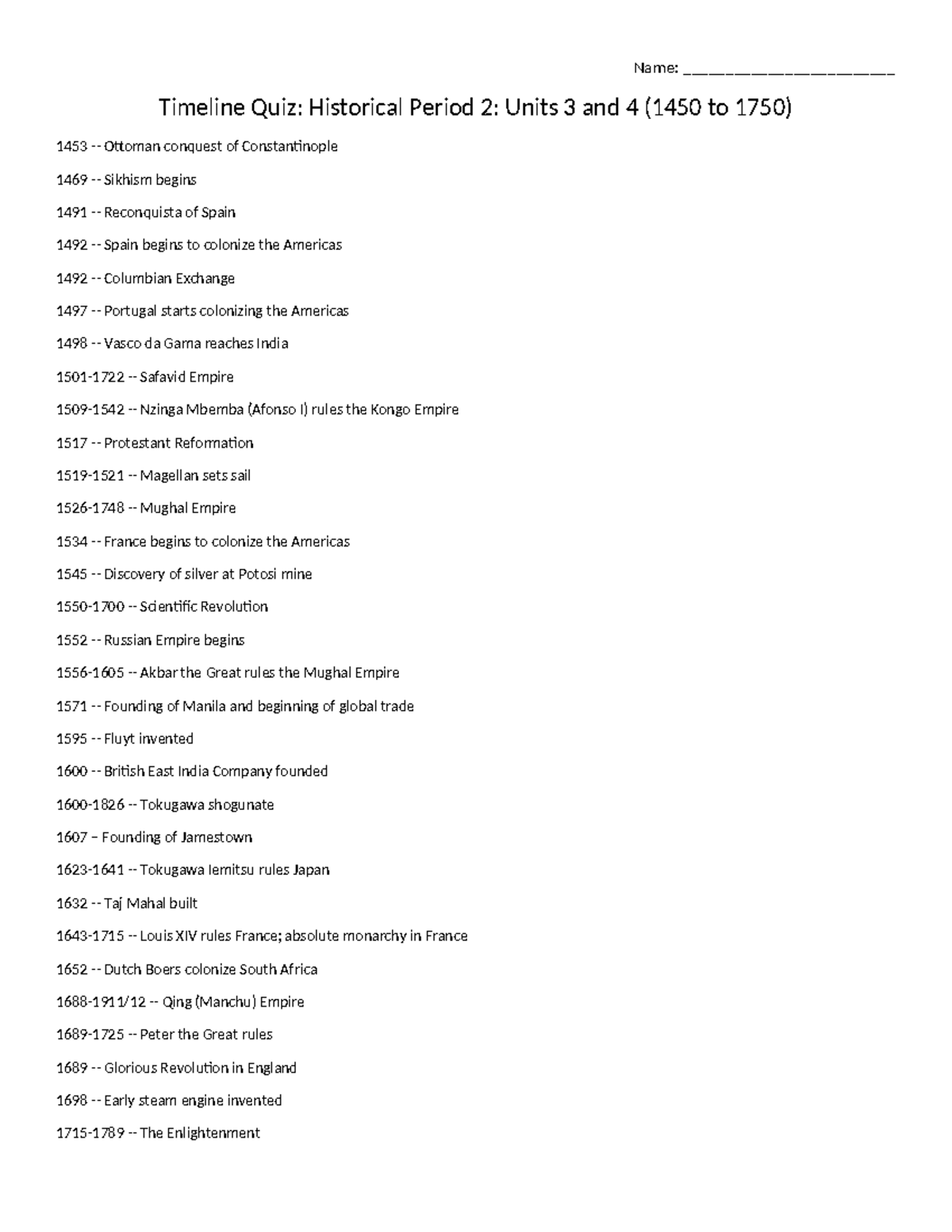 Timeline Quiz- Period 2- Canvas - Name ...