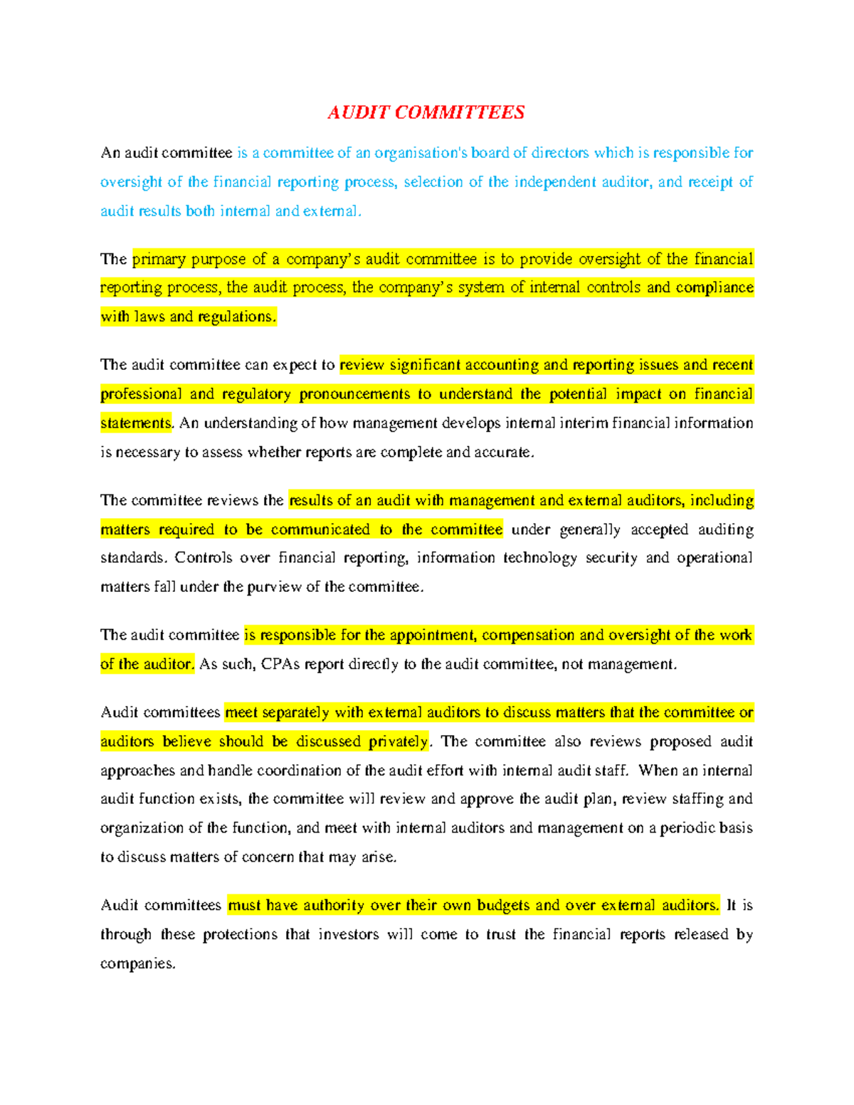 Audit Committees & Independence - AUDIT COMMITTEES An audit committee ...