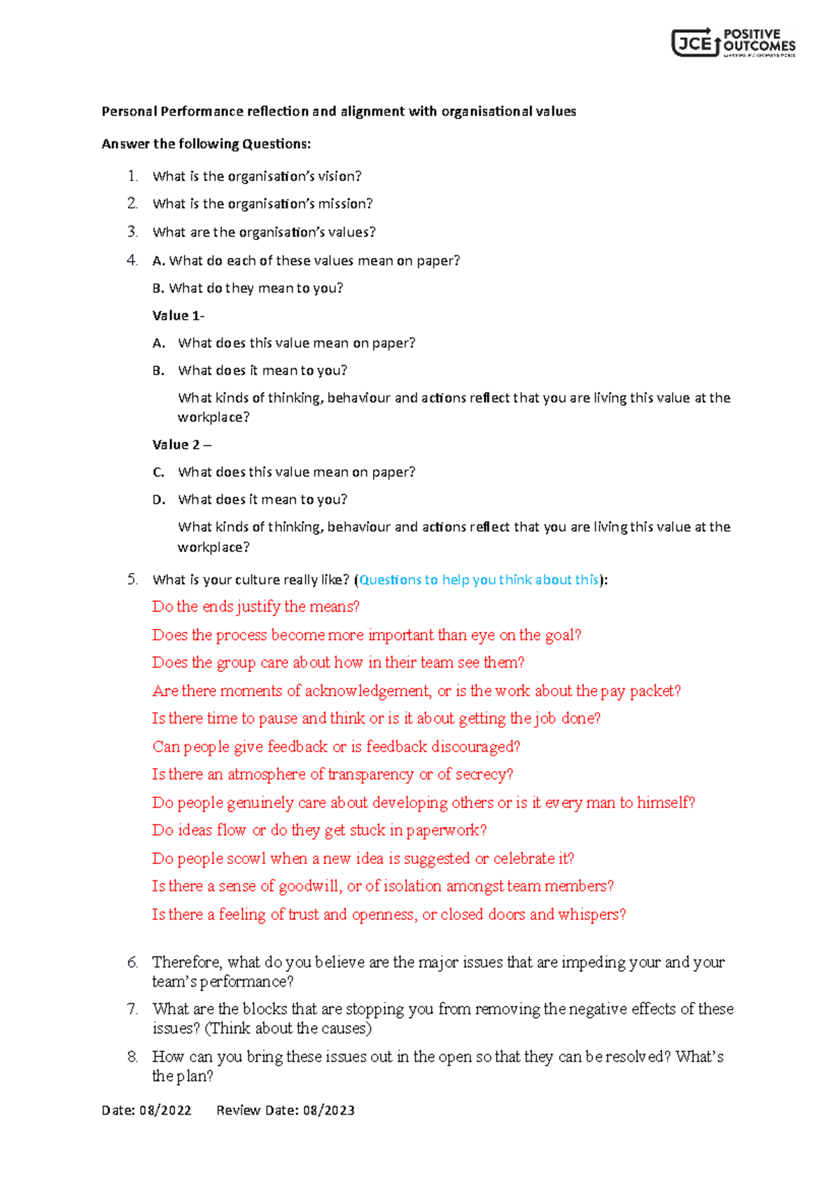 Personal Performace and alignment with org values template 06-2023 ...