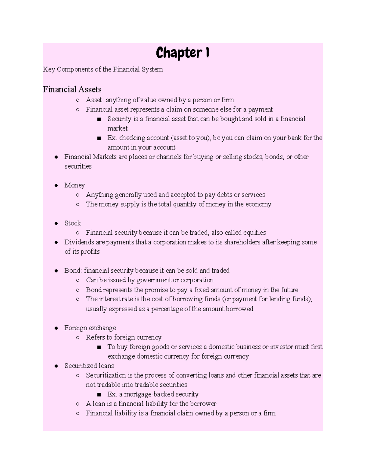 Econ 2035 chapter 1 - Chapter 1 Key Components of the Financial System ...