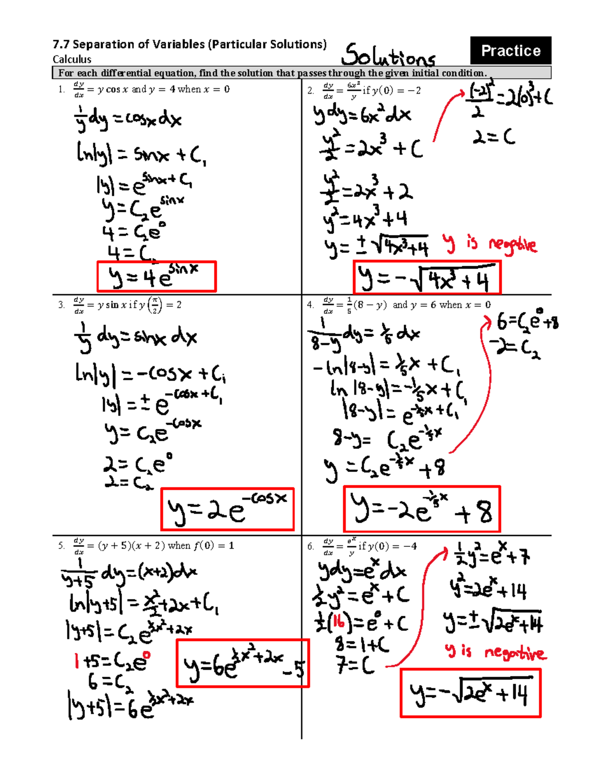 Calc 7 - ....... - 7 Separation of Variables (Particular Solutions) Calculus For each ...