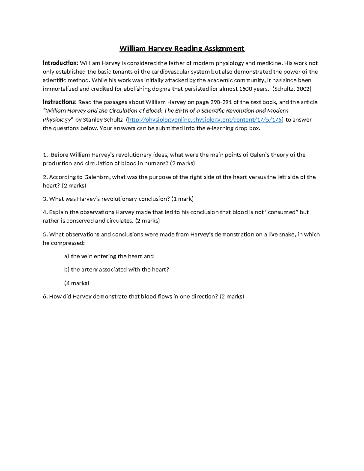 William Harvey Reading Asssingment Questions - William Harvey Reading ...