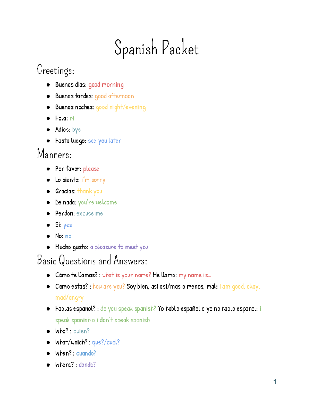 Spanish Packet - Spanish Packet Greetings: Buenos dias: good morning ...