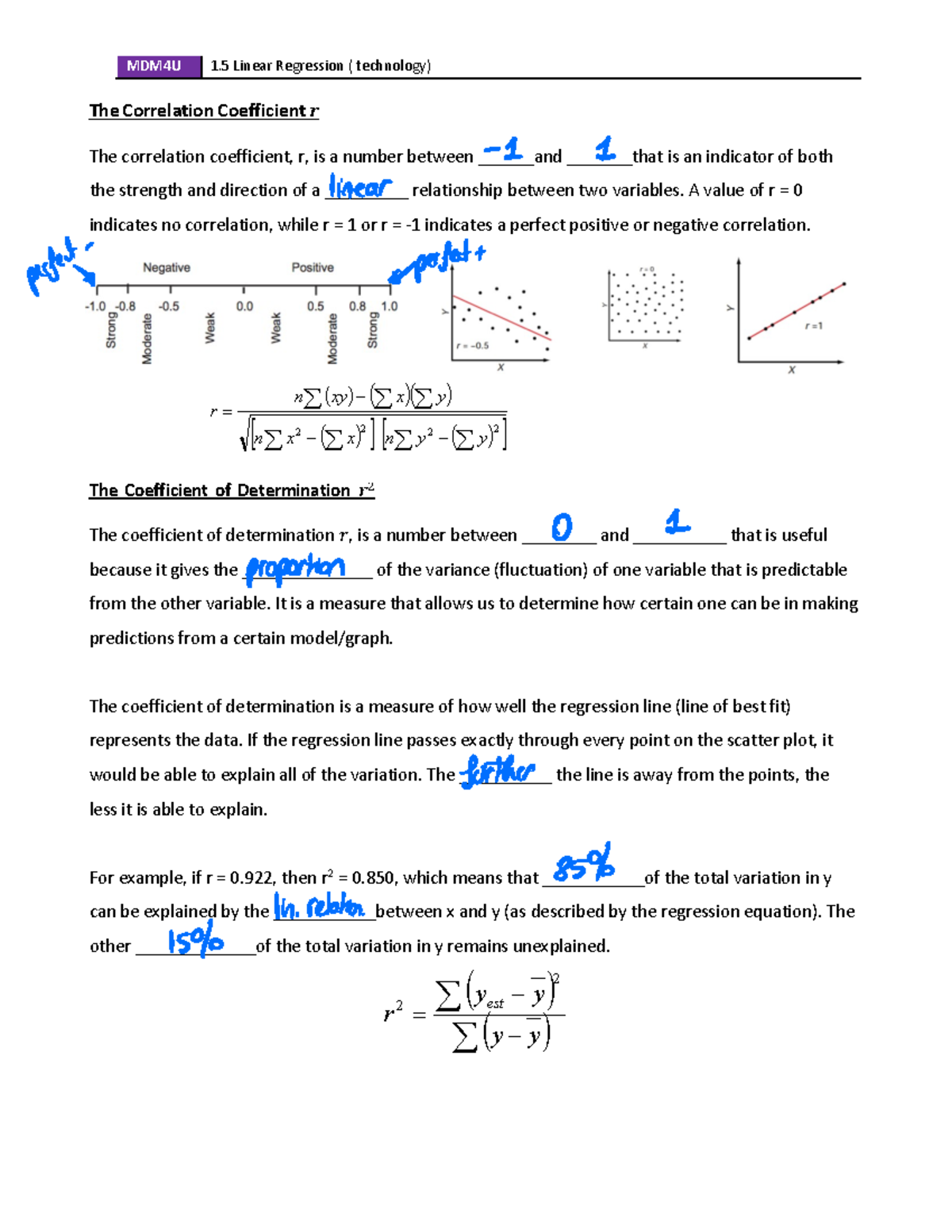 1.5 Linear Regression using technology (filled in) - MDM4U 1 Linear ...