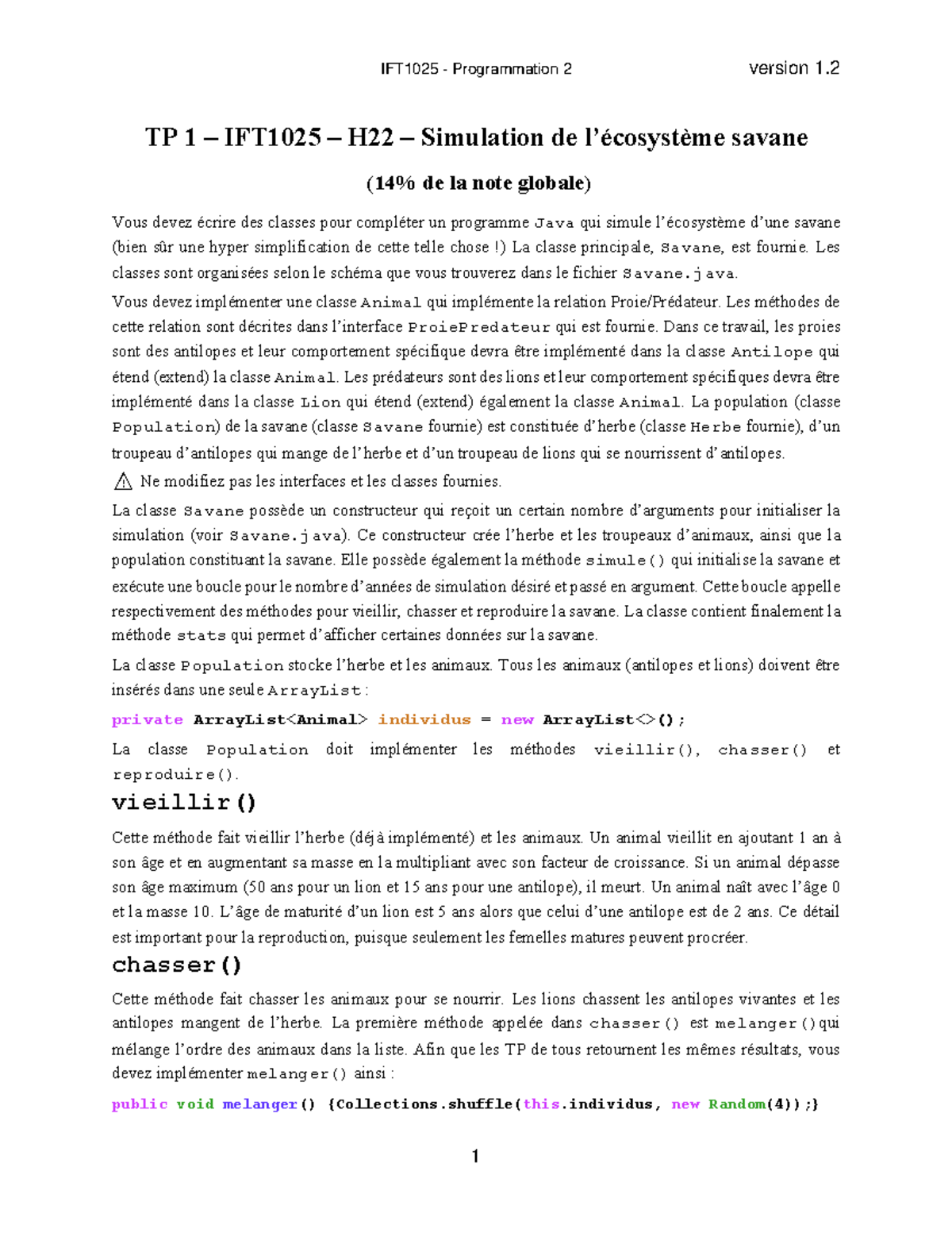 TP 1 Simulation de lécosystème savane V1 - IFT1025 - Programmation 2 version 1. 1 TP 1 – IFT1025 ...