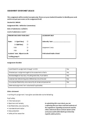 PGCE Assignment 3 (reflection) - final - ASSIGNMENT COVER SHEET 2016 ...
