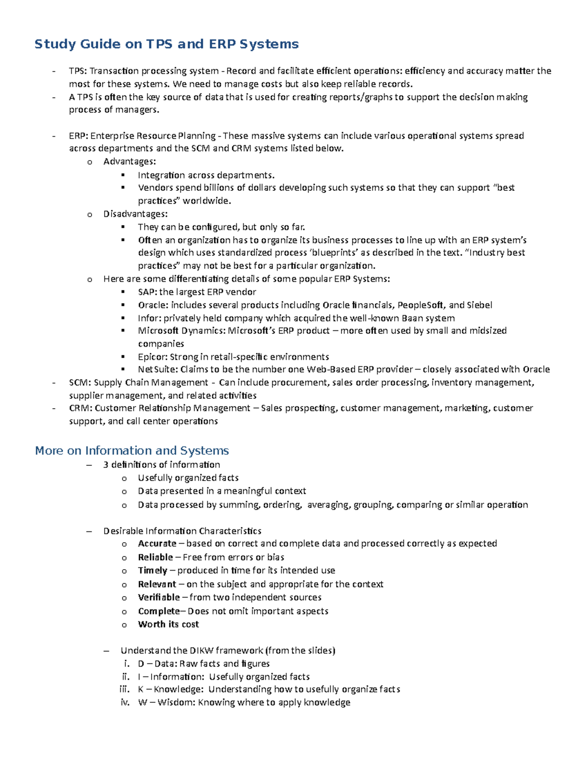 Study Guide on TPS and ERP Systems - Study Guide on TPS and ERP Systems ...