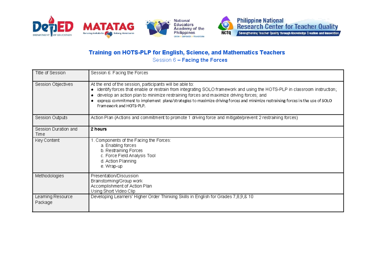 S6 SG Facing-the-Forces - Training on HOTS-PLP for English, Science ...