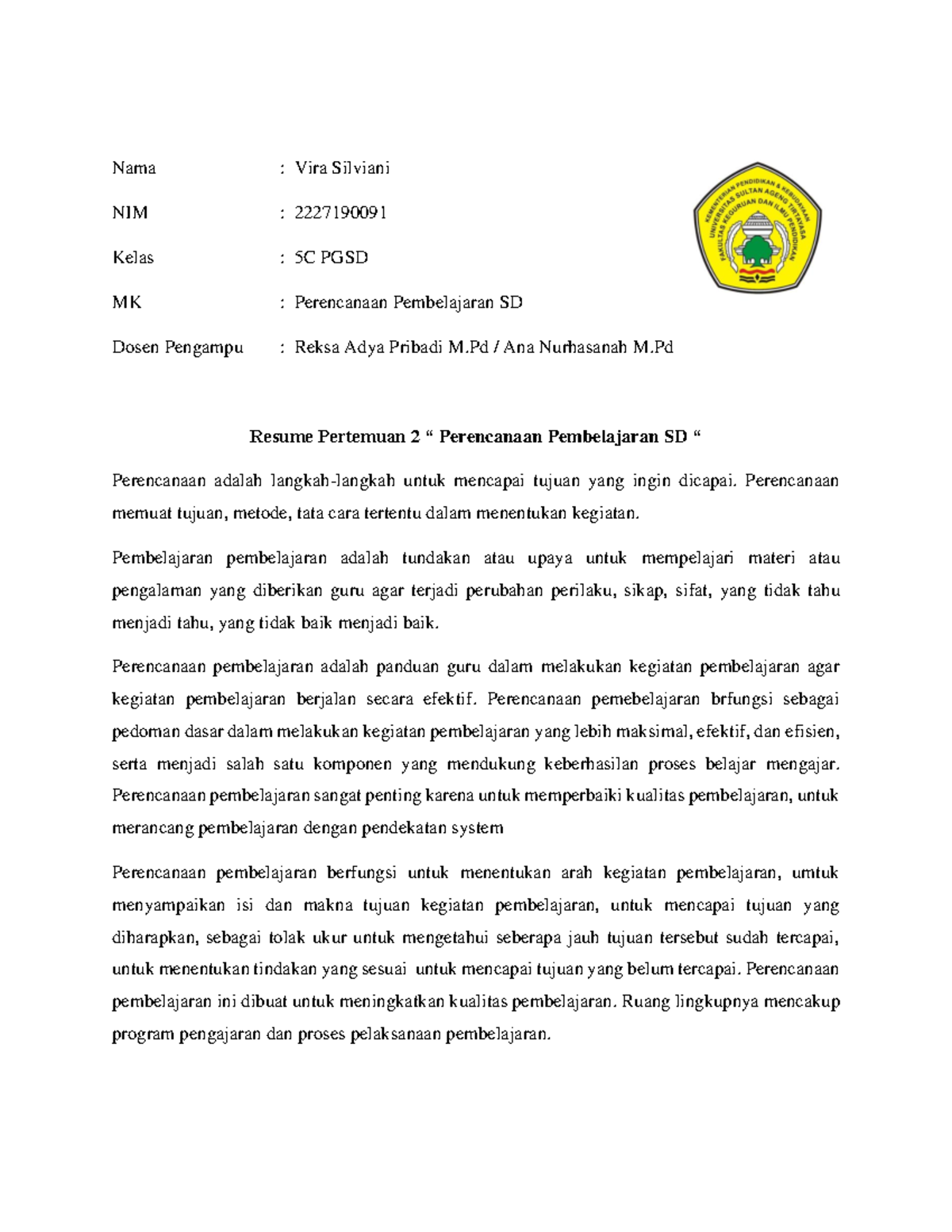 24 Resume Perencanaan Pembelajaran SD - Nama : Vira Silviani NIM ...