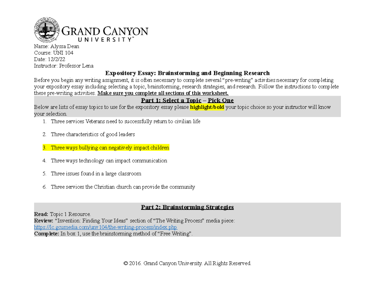 UNV-104 T1 Brainstorming and Beginning Research Worksheet - Name ...