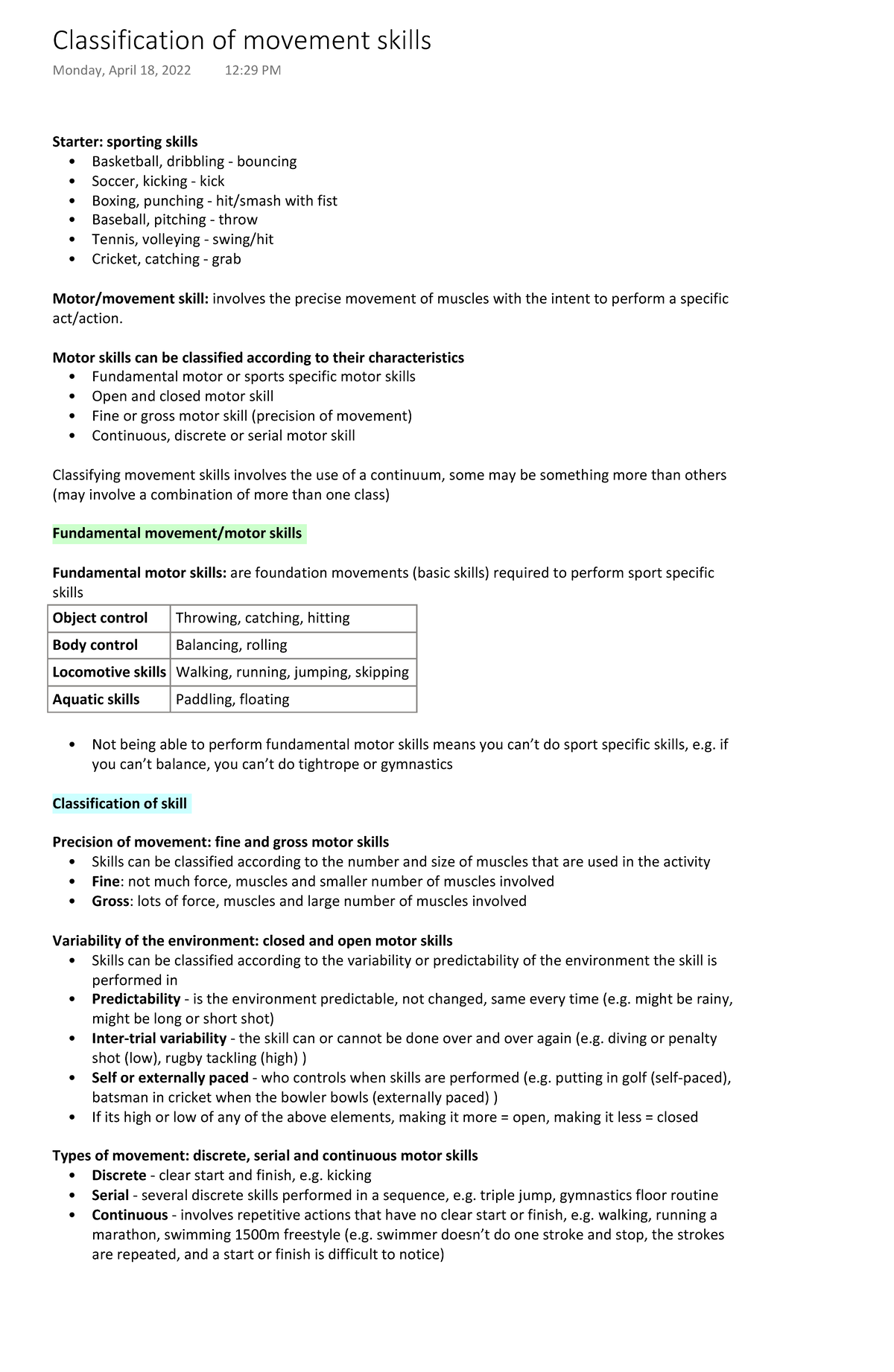Classification of movement skills - Starter: sporting skills ...
