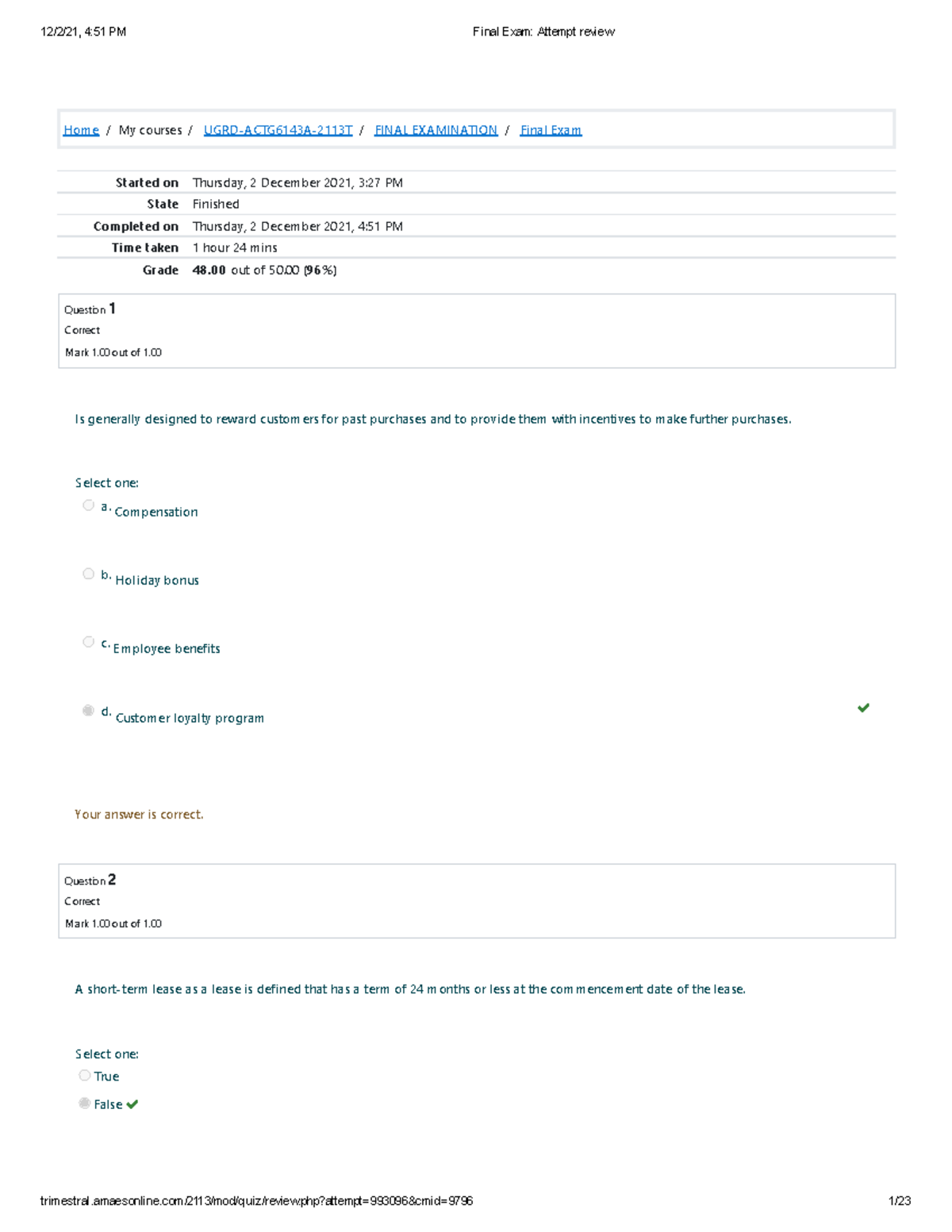 Final Exam Attempt review.pdf - Home / My courses / UGRD-ACTG6143A-2113T / FINAL EXAMINATION ...