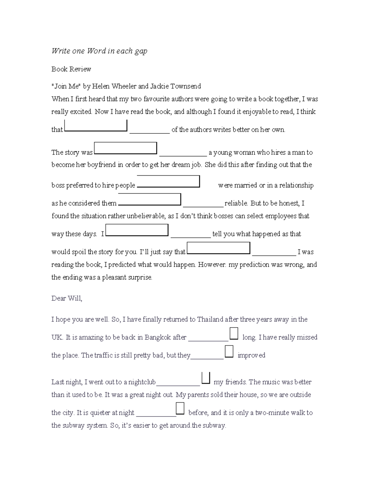 Part-6-B1-reading 55870 - Write one Word in each gap Book Review "Join Me" by Helen - Studocu