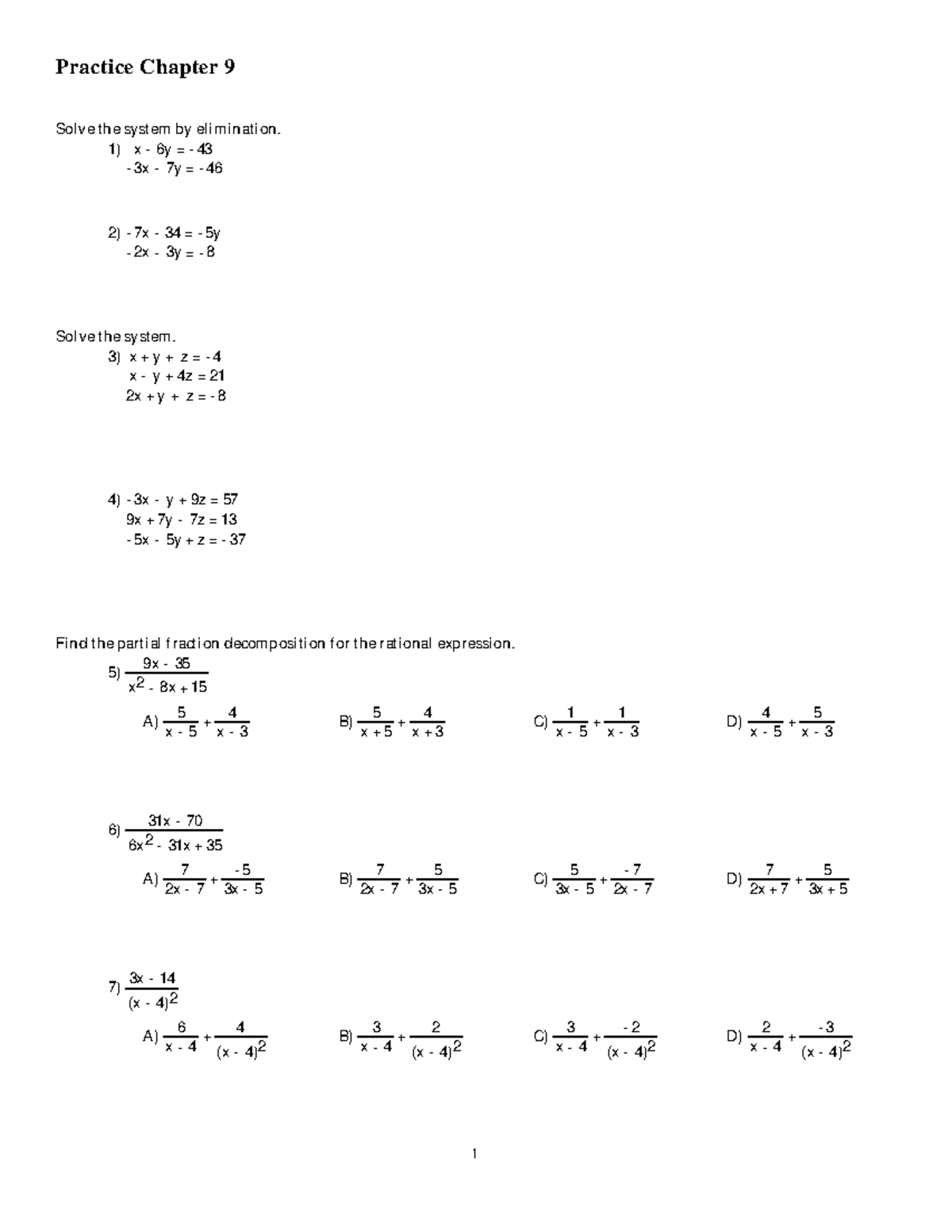 Practice Problems Ch 9 - Solve the system by elimination. Practice ...