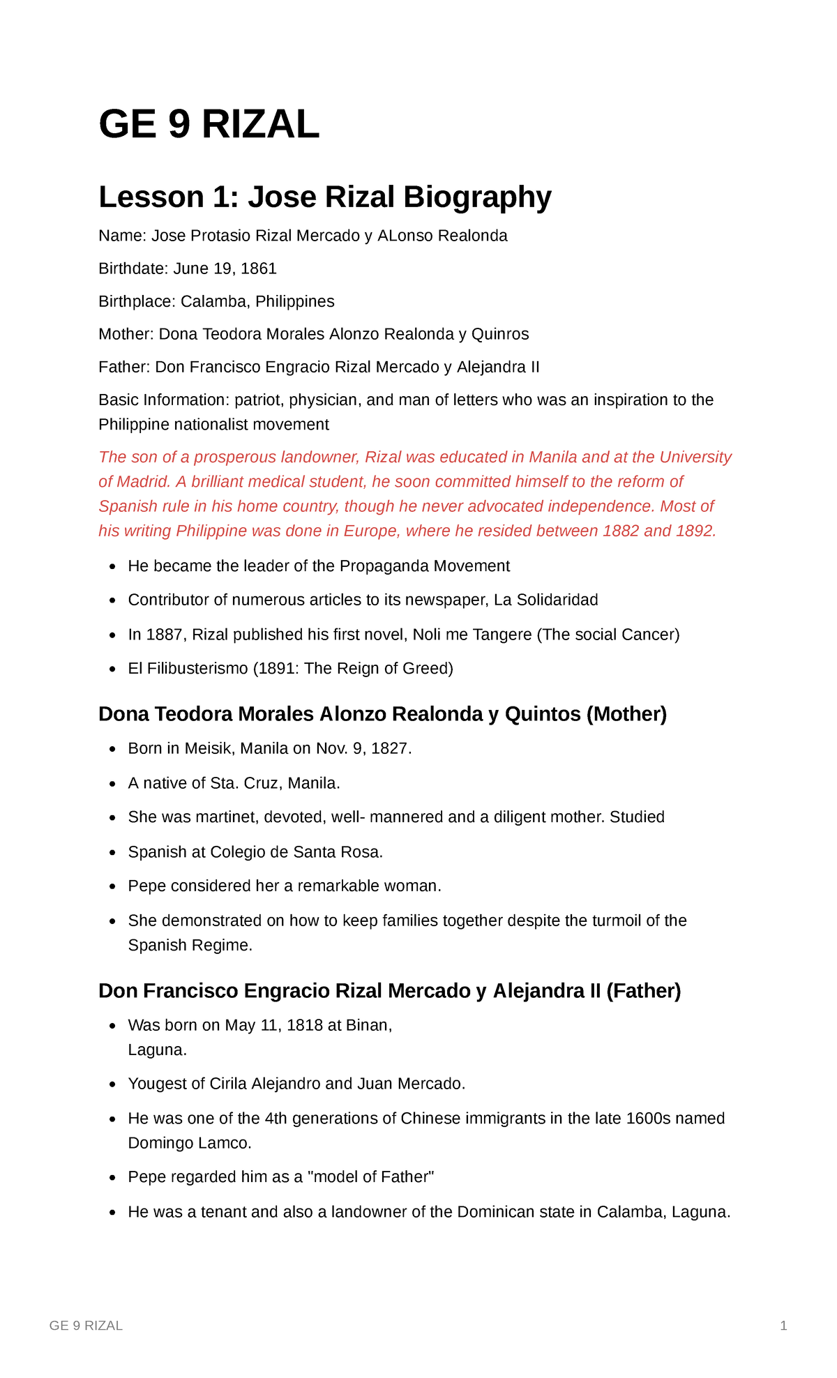 GE 9 Introduction of works and life of Jose Rizal - GE 9 RIZAL Lesson 1 ...
