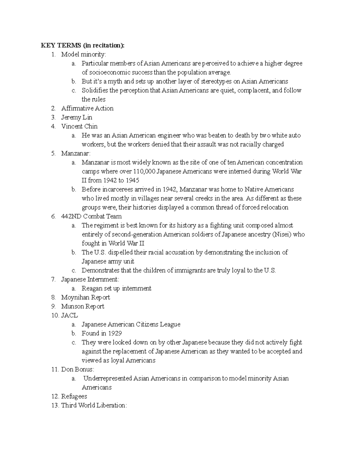 APA Final EXAM Review 1 - KEY TERMS (in recitation): 1. Model minority ...