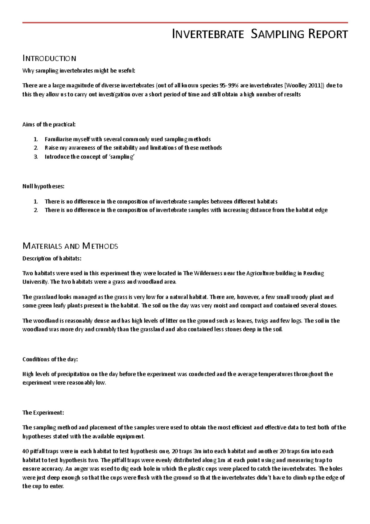 Scientific report - INVERTEBRATE SAMPLING REPORT INTRODUCTION Why ...