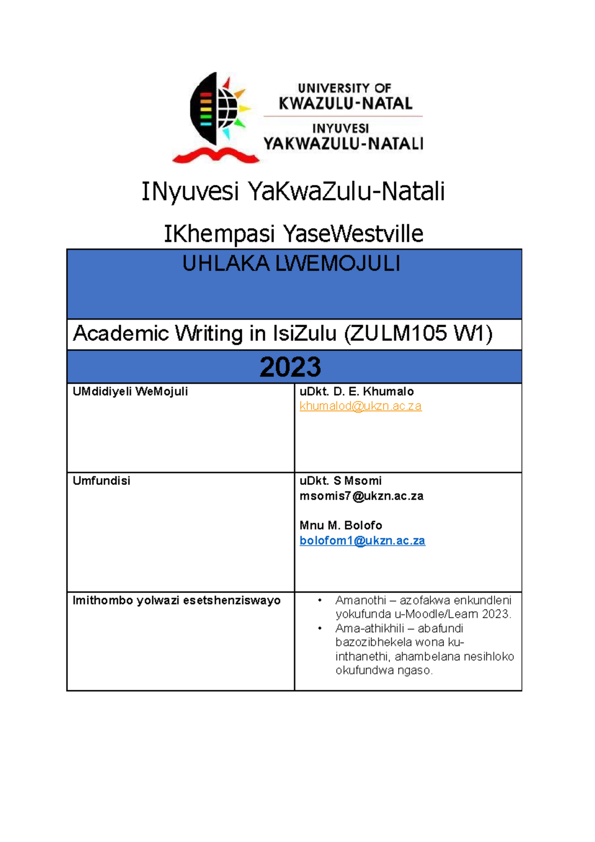 ZULM105 Uhlaka Lwemojuli 2023 Olubuyekeziwe - INyuvesi YaKwaZulu-Natali ...