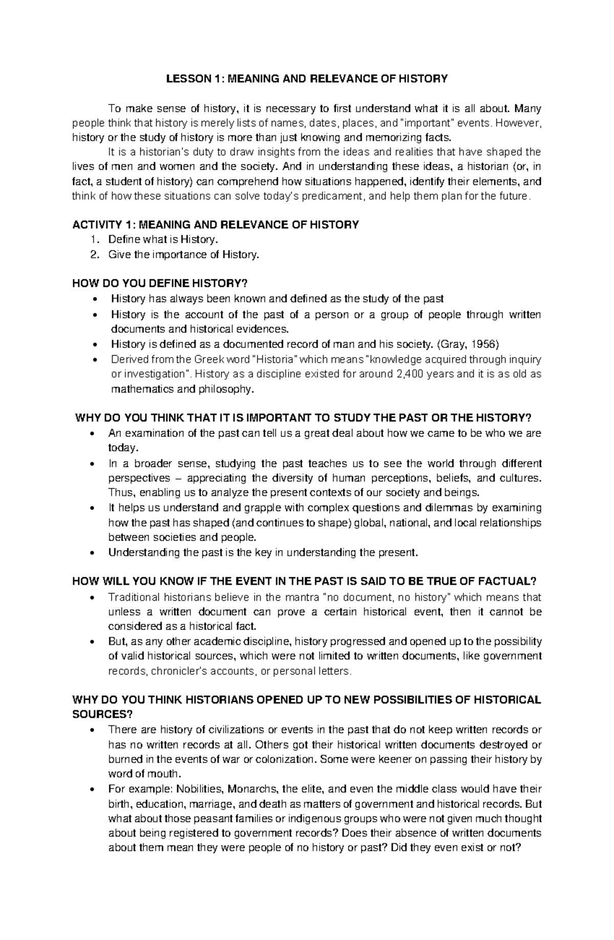 GE 2 Lesson 1 Prelim LESSON 1 MEANING AND RELEVANCE OF HISTORY To