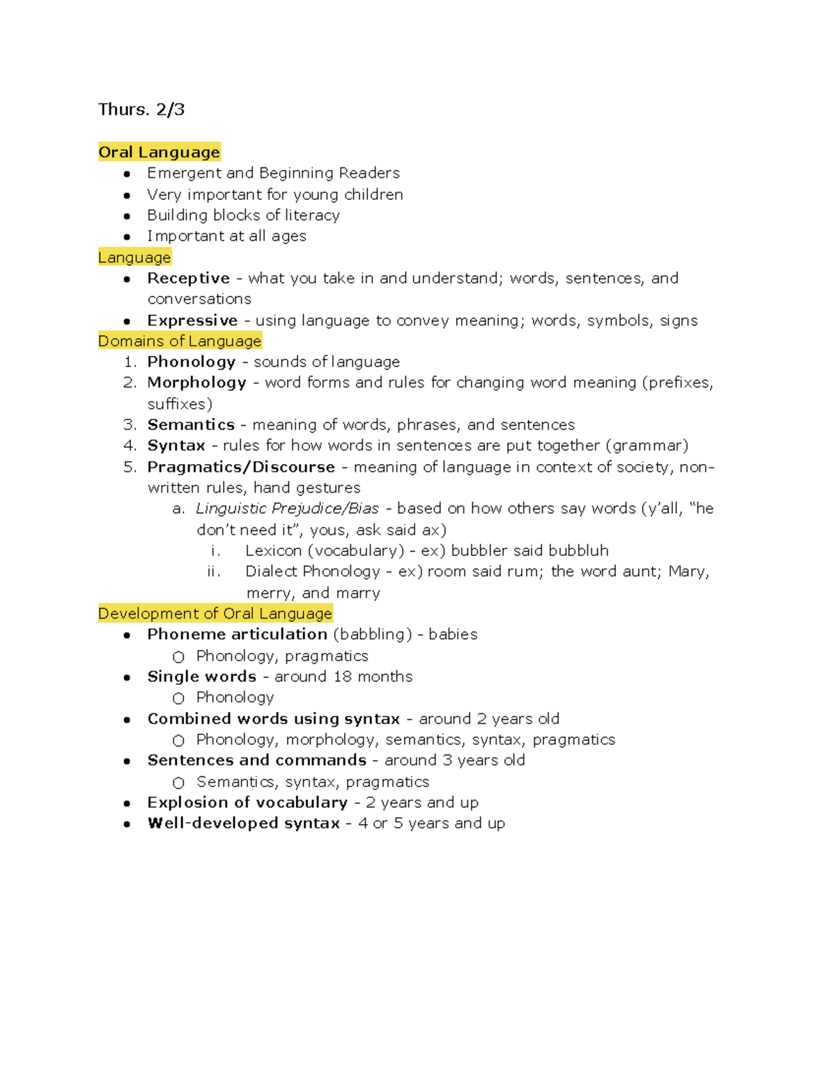 Oral Language Notes - Thurs. 2/ Oral Language Emergent and Beginning ...