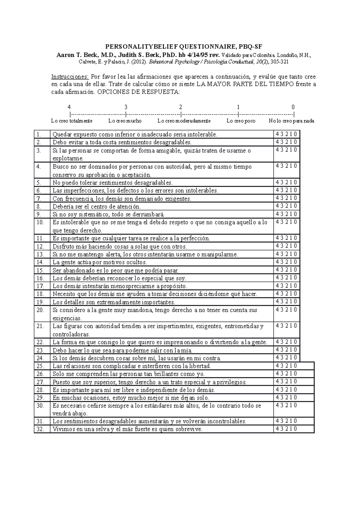 Cuestionario de Creencias Centrales de Beck - PERSONALITYBELIEF ...