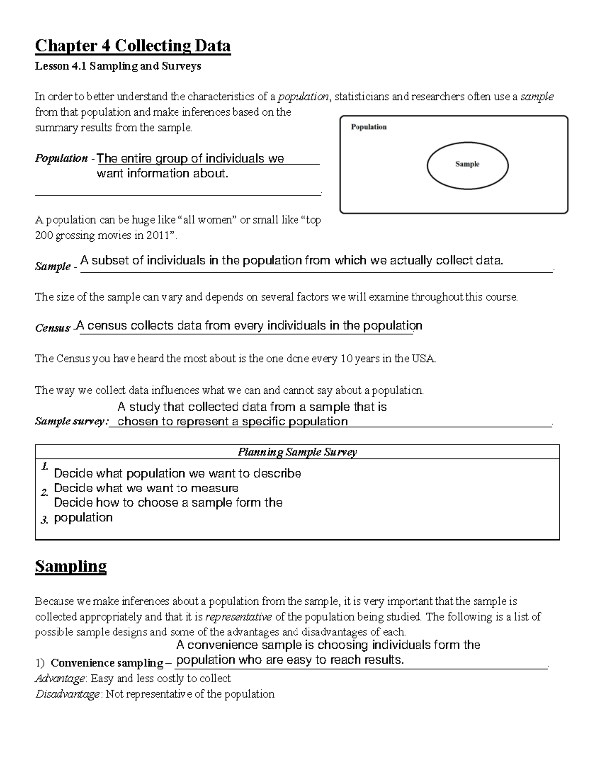 4.1 guided notes - Vcvv - Chapter 4 Collecting Data Lesson 4 Sampling ...
