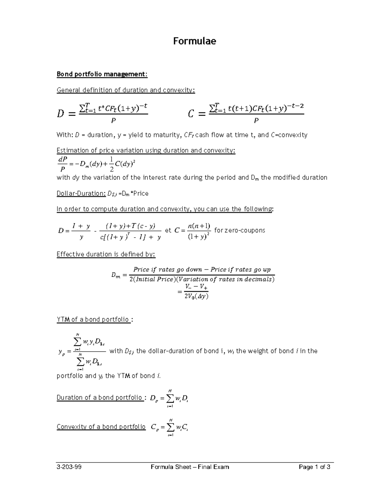Formula Sheet Final - Résumé Portfolio Management - 3 - 203 - 99 ...
