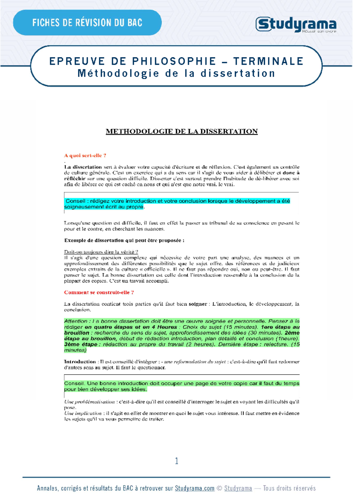 Fiche de revision Methodologie de la dissertation OK - Philosophie - E P R E U V E D E P H I L O ...
