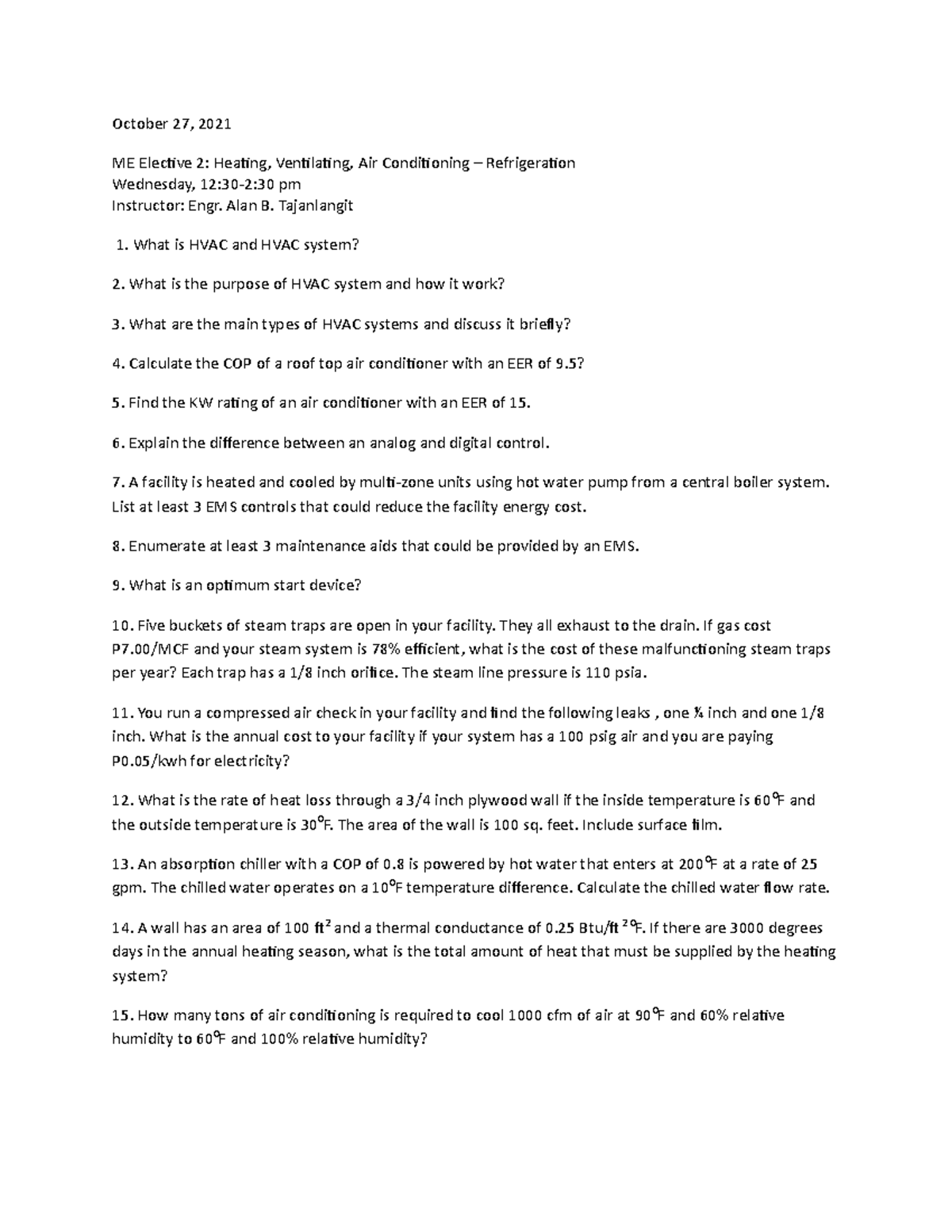 HVAC R midterm exam2021 - October 27, 2021 ME Elective 2: Heating ...