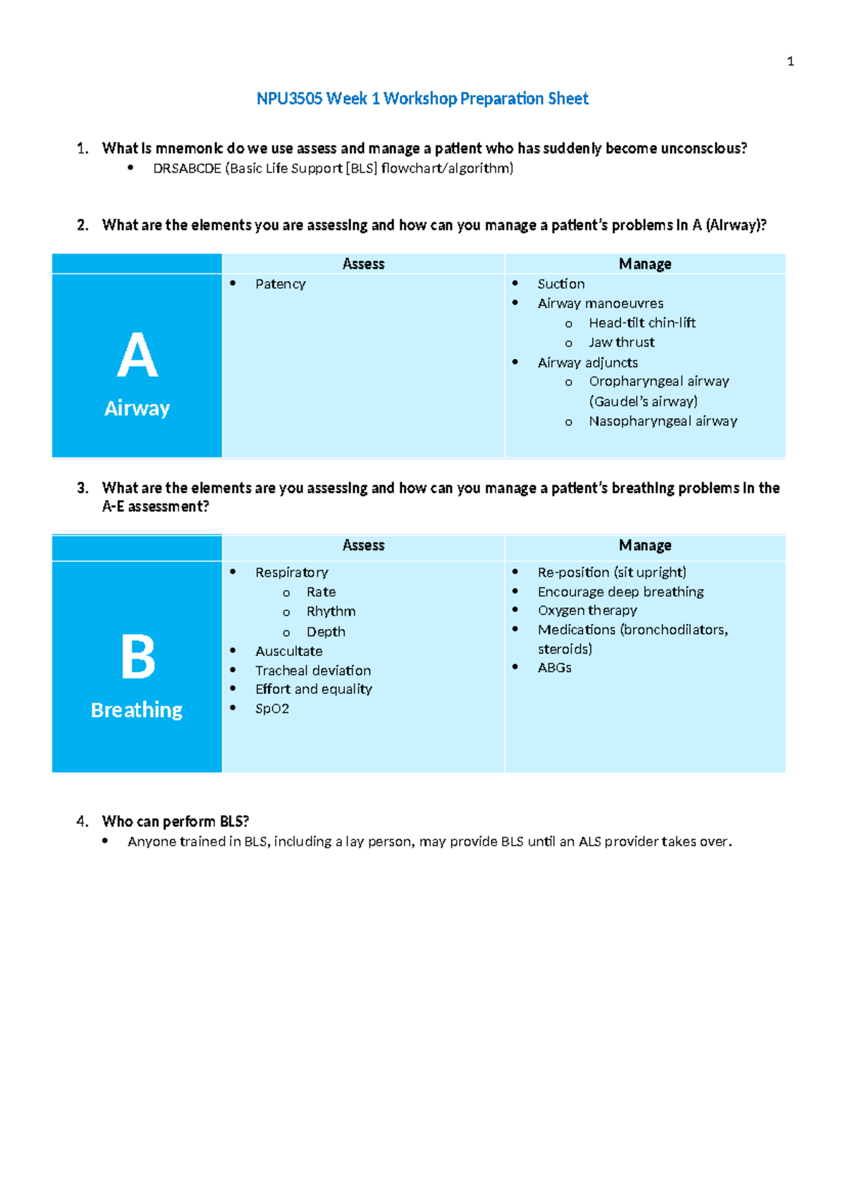 Week 1 Workshop Preparation Worksheet [Answers] - 1 NPU3505 Week 1 ...