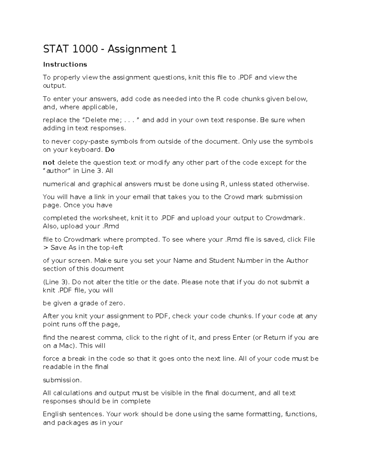 STAT 1000 assignment - STAT 1000 - Assignment 1 Instructions To properly view the assignment ...