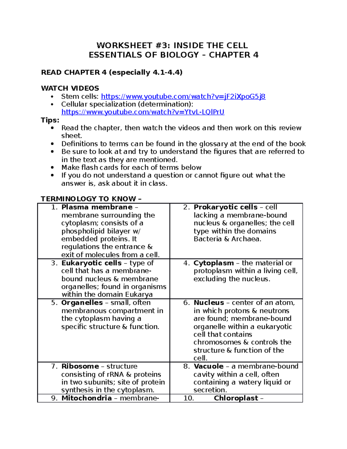 BIO A3 worksheet - Professor Greg Dahlem - WORKSHEET #3: INSIDE THE ...