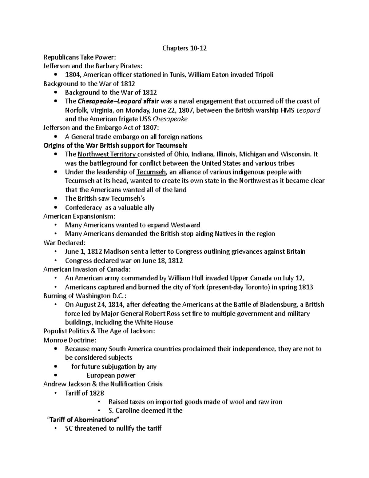 Chapters 10-12 Notes - Chapters 10- Republicans Take Power: Jefferson ...