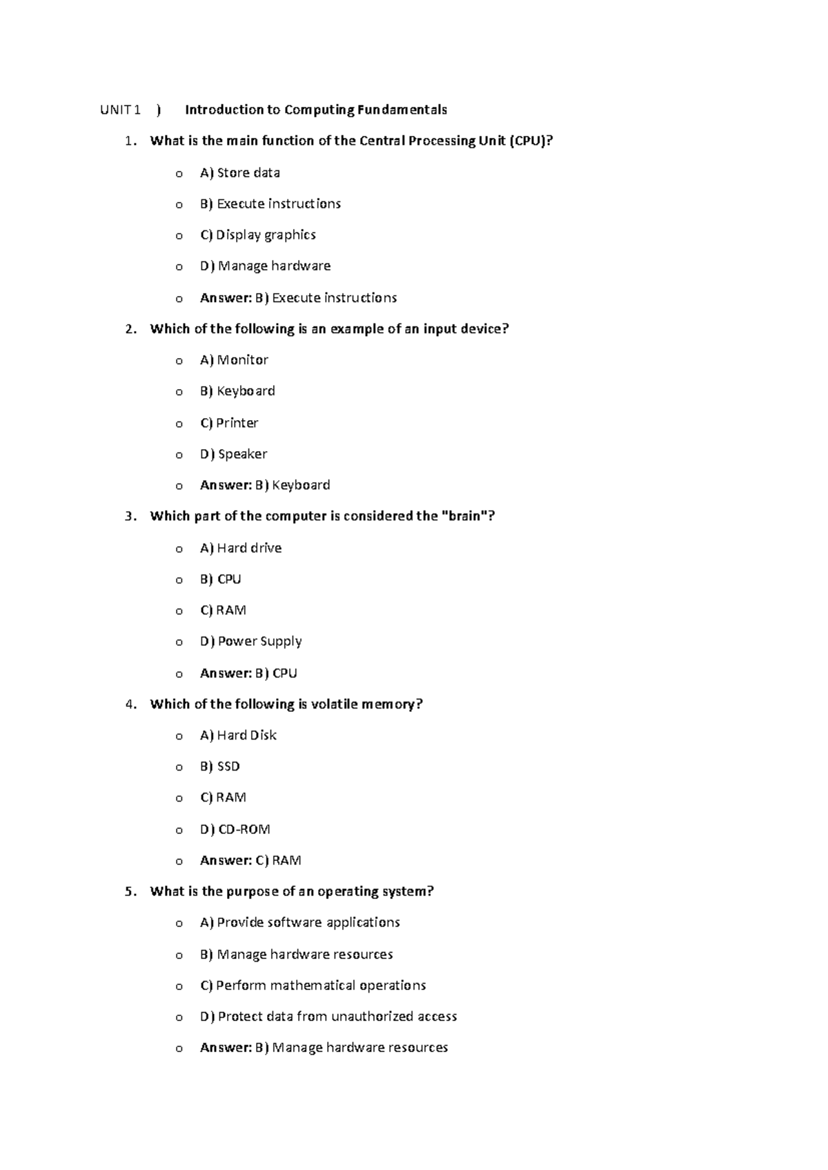 CSE211 MID PRACTICE MCQS - UNIT 1 ) Introduction to Computing Fundamentals 1. What is the main ...