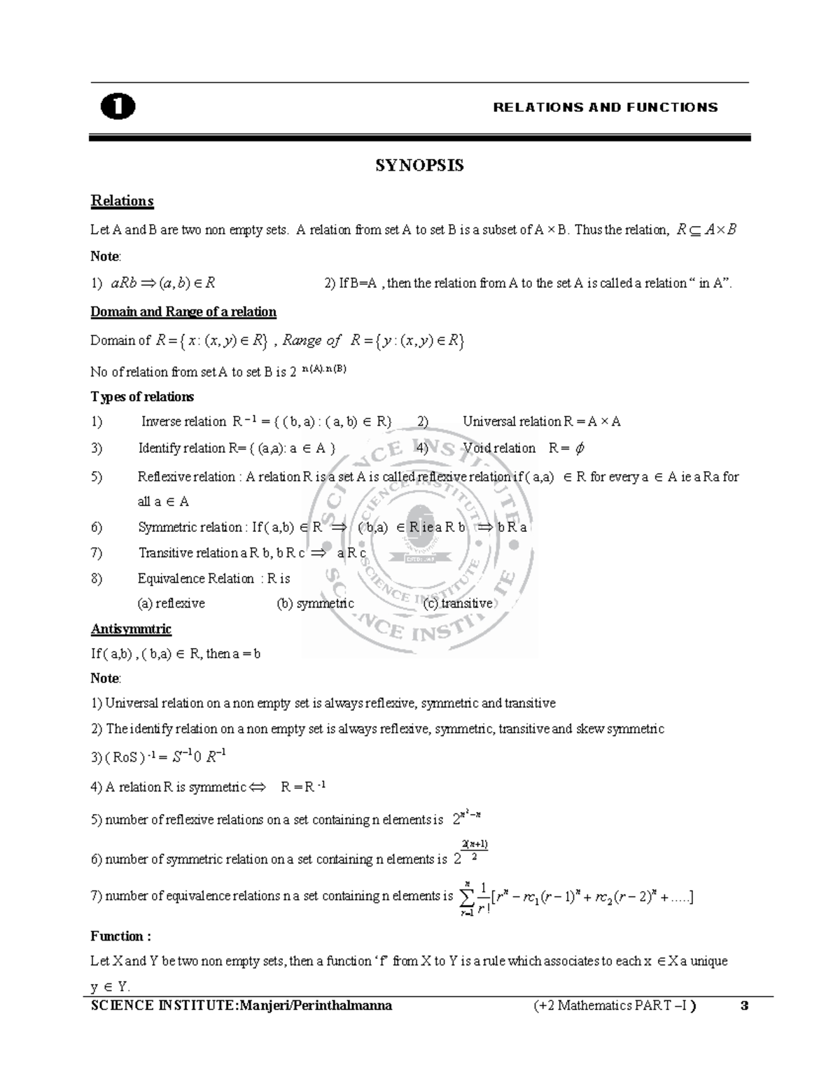 Relations AND Functions - RELATIONS AND FUNCTIONS SYNOPSIS Relations Let A and B are two non ...