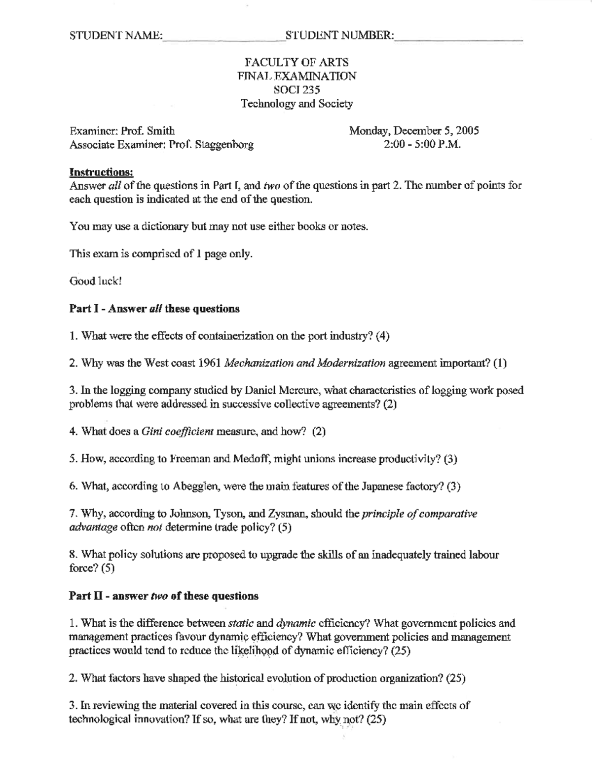 Exam 5 December 2005, questions - Soci 235 - Studocu
