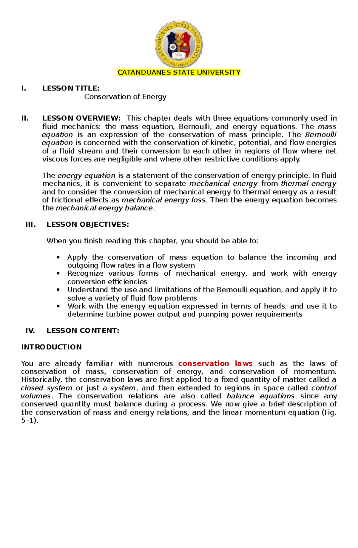 Lesson on Conservation of Energy - I. LESSON TITLE: Conservation of ...