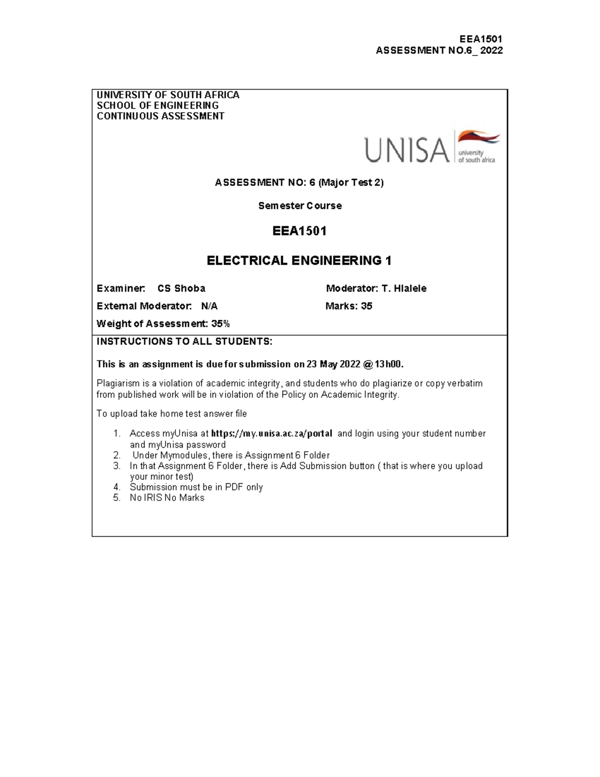 EEA1501 2022 Major Test 2 Question Paper - EEA ASSESSMENT NO_ 2022 ...