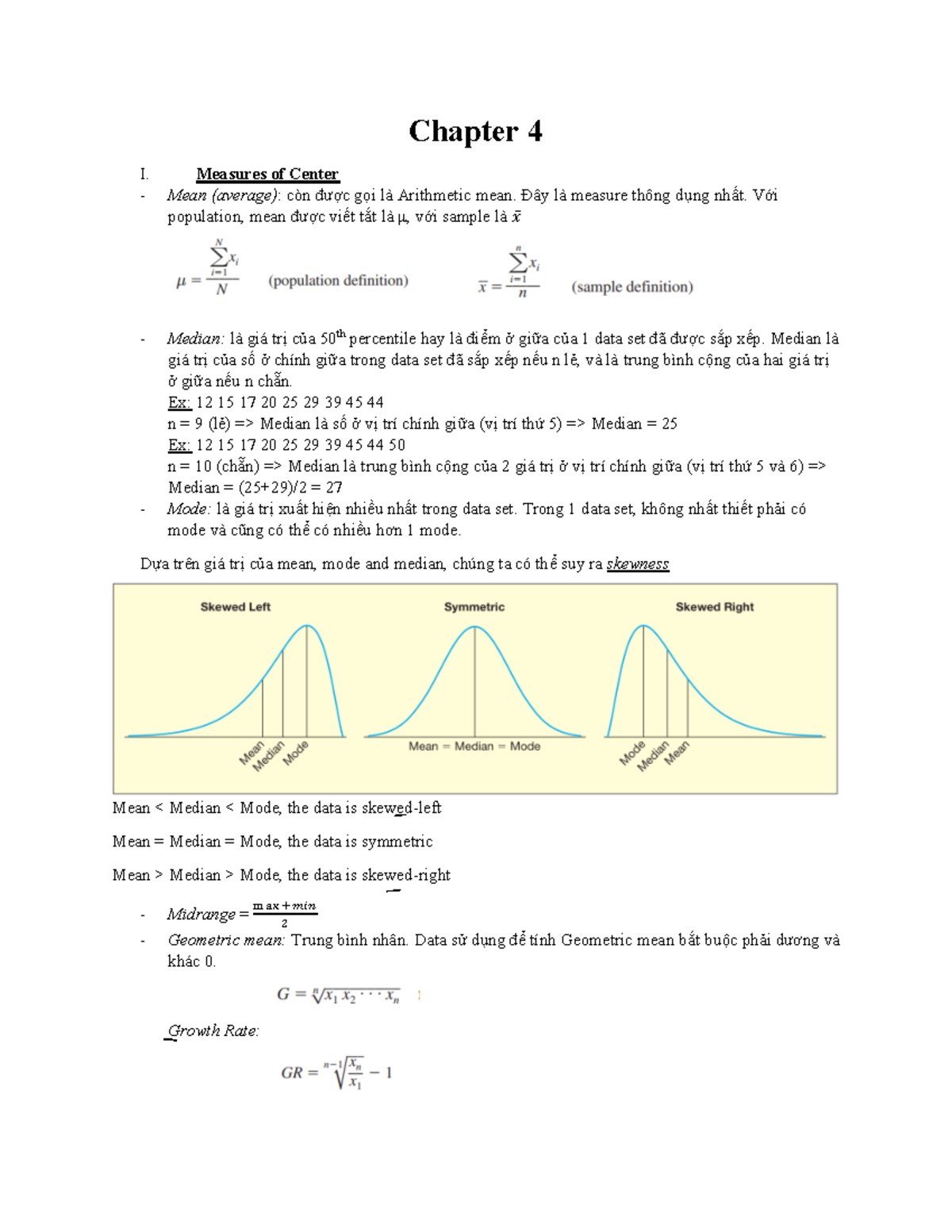 Chap 4,5 - Thầy Trung - Chapter 4 I. Measures of Center Mean (average ...