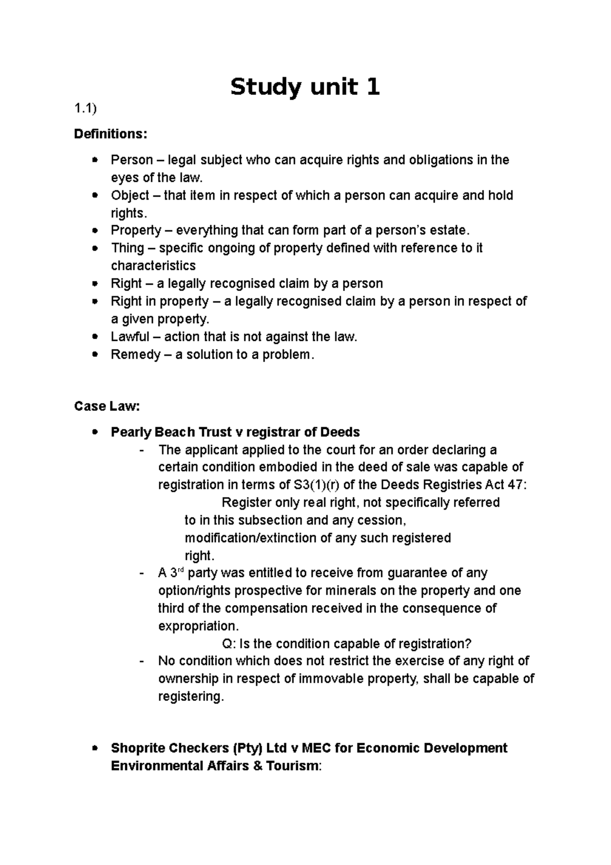 Law of property notes - Study unit 1 1) Definitions: Person – legal ...