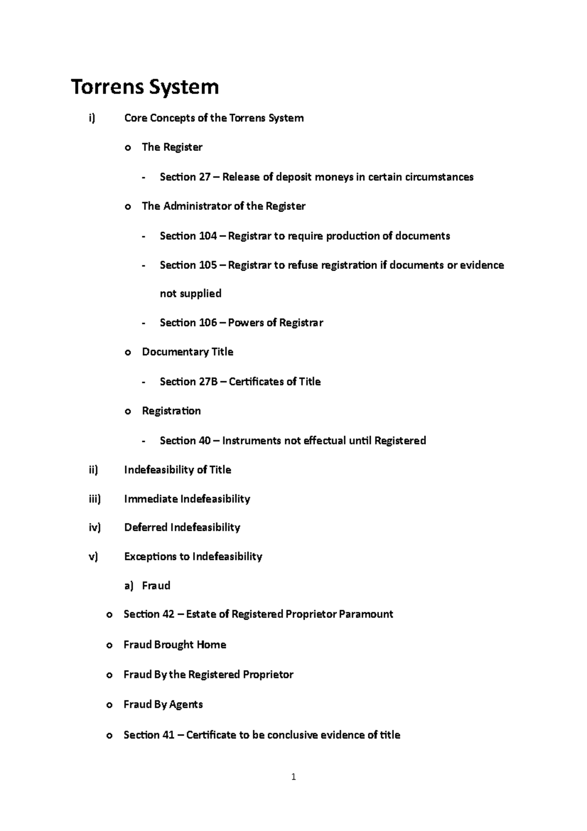 Indefeasibility OF Title EXAM Notes - Torrens System i) Core Concepts ...