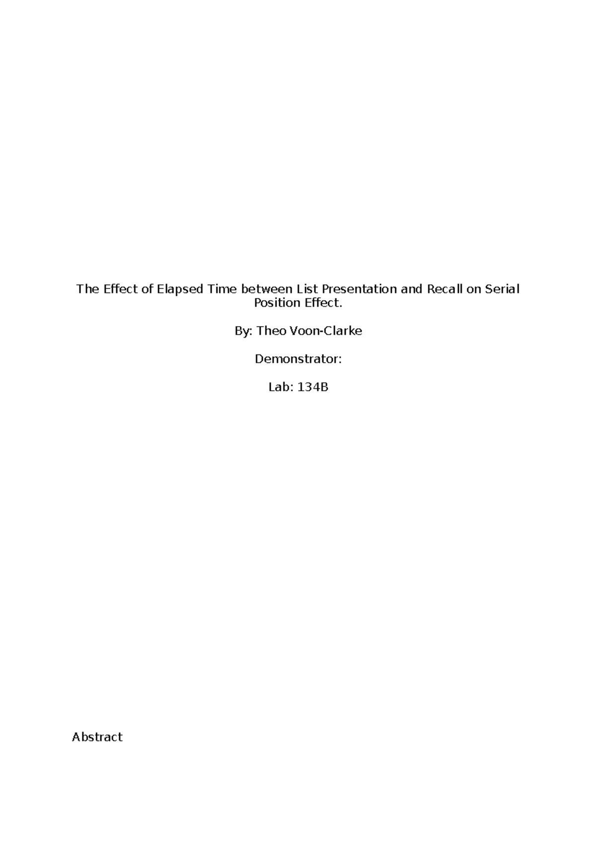 Mini Lab report - Brain and Behaviour - The Effect of Elapsed Time ...