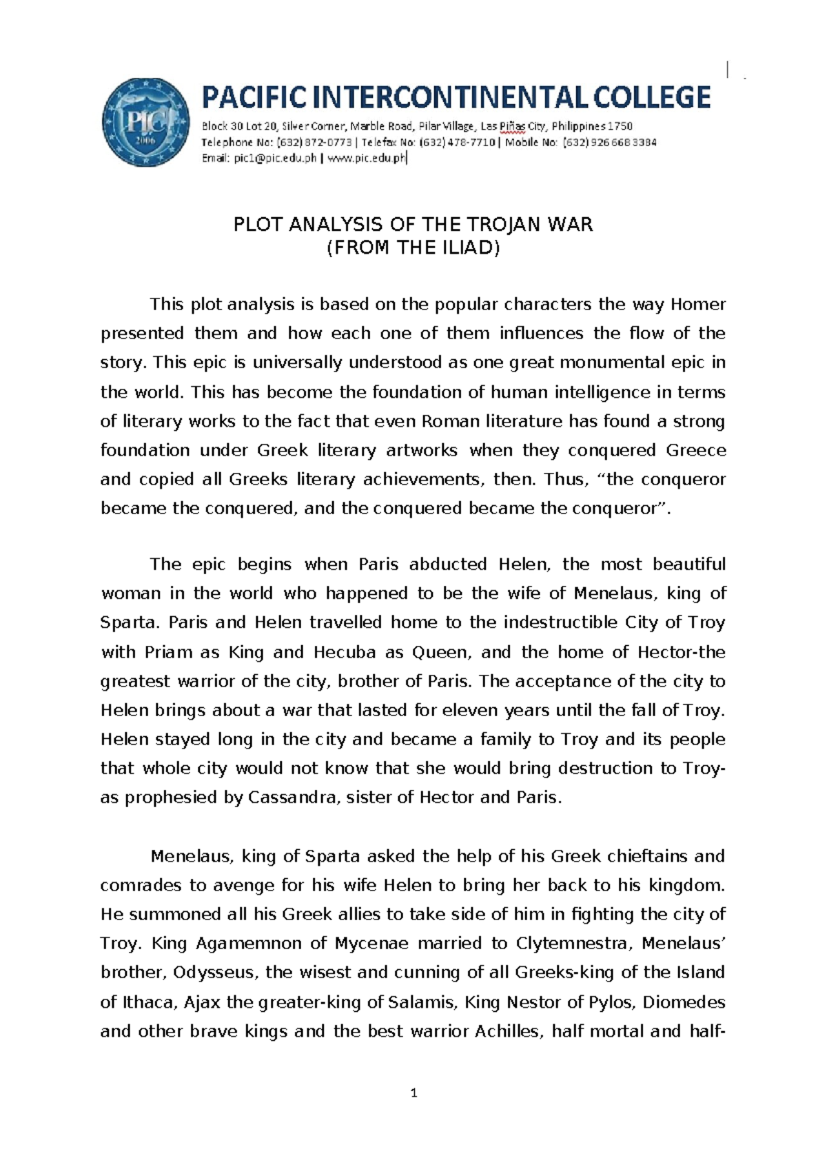 PLOT Analysis OF THE Trojan WAR - PLOT ANALYSIS OF THE TROJAN WAR (FROM ...