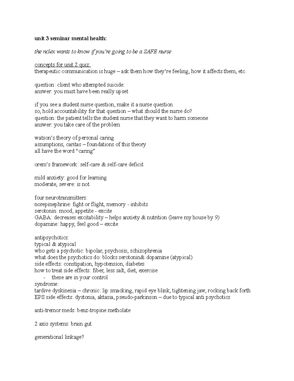 Unit 3 seminar mental health - unit 3 seminar mental health: the nclex ...