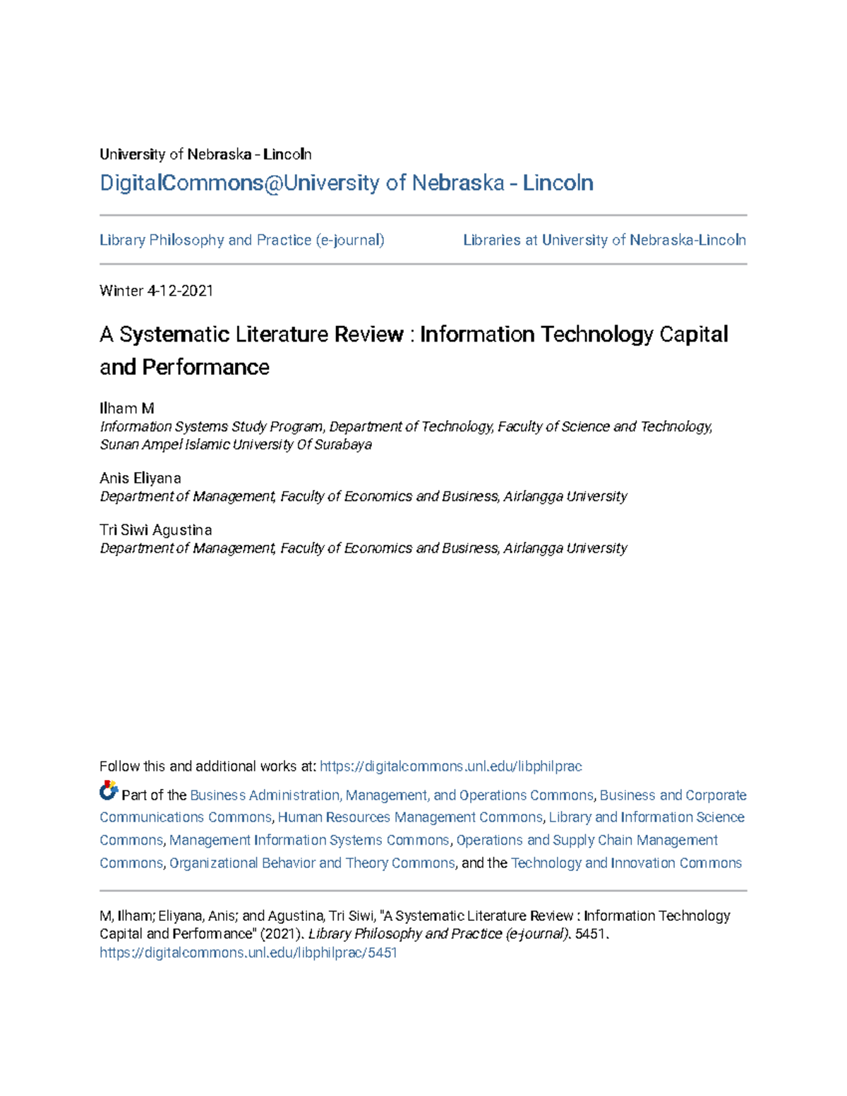 A Systematic Literature Review Information Technology Capital - unl ...