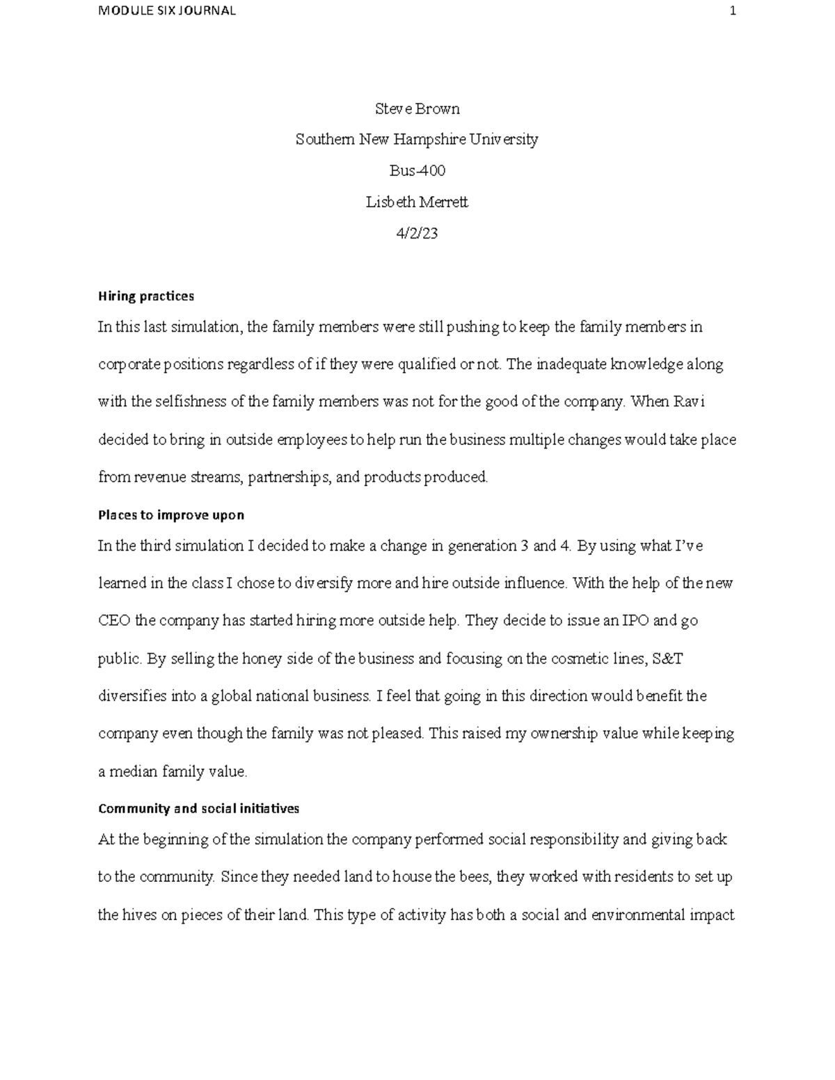 Bus-400 module six journal - MODULE SIX JOURNAL 1 Steve Brown Southern ...