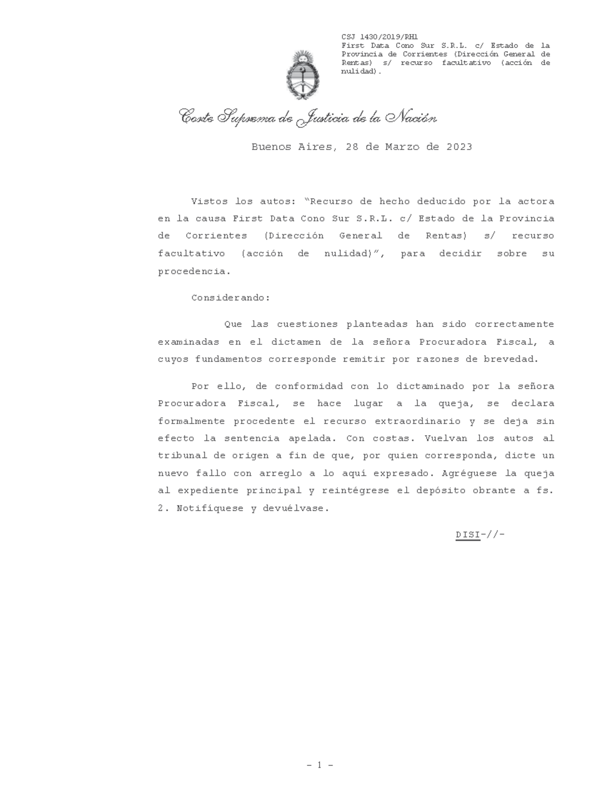 First Data Cono Sur - Fallo sobre prescripción y multas. - CSJ 1430 ...