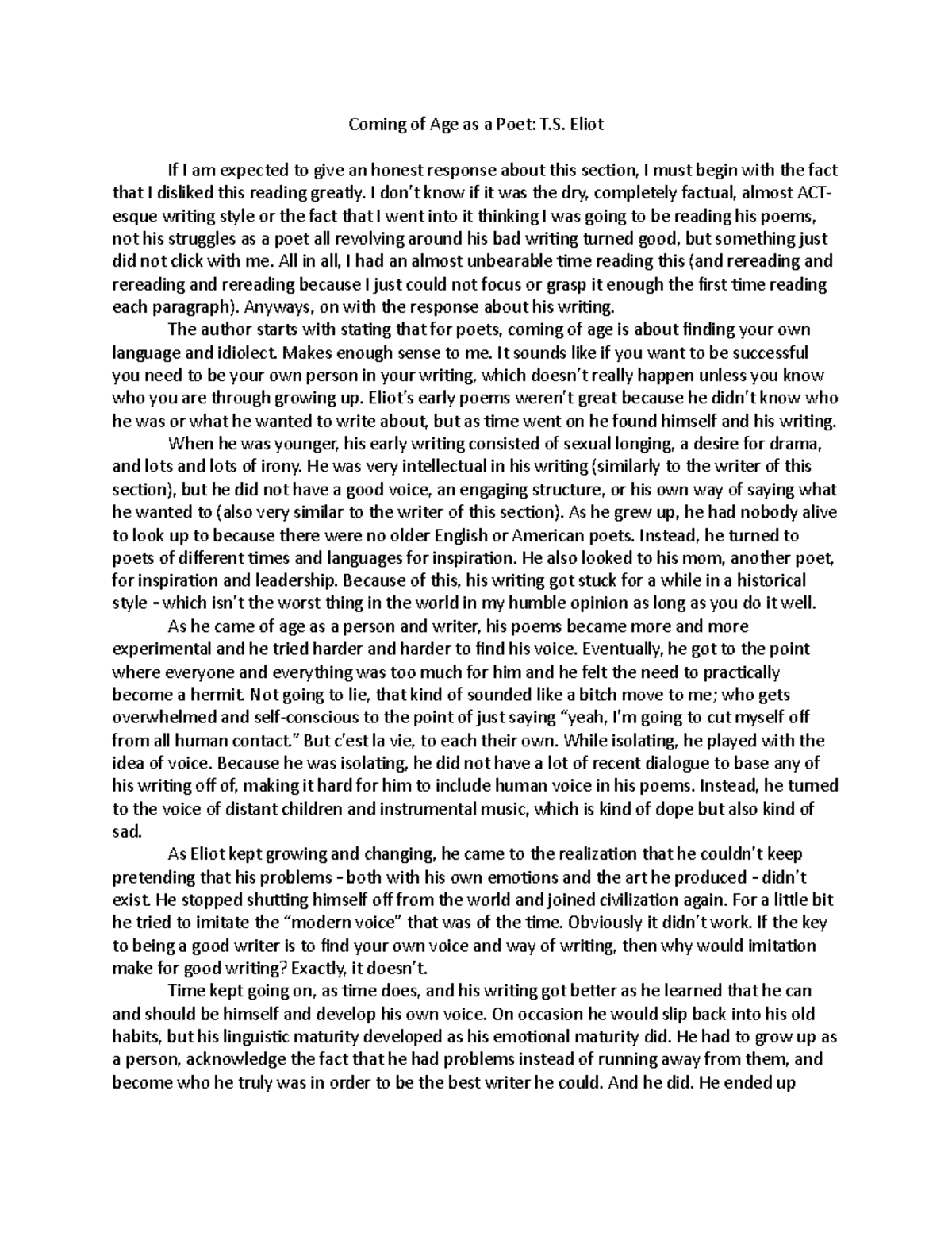 Coming of Age as a Poet Reflection - Coming of Age as a Poet: T. Eliot ...